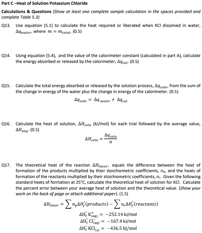 part c heat of solution potassium chloride calculations questions show at least one complete ...
