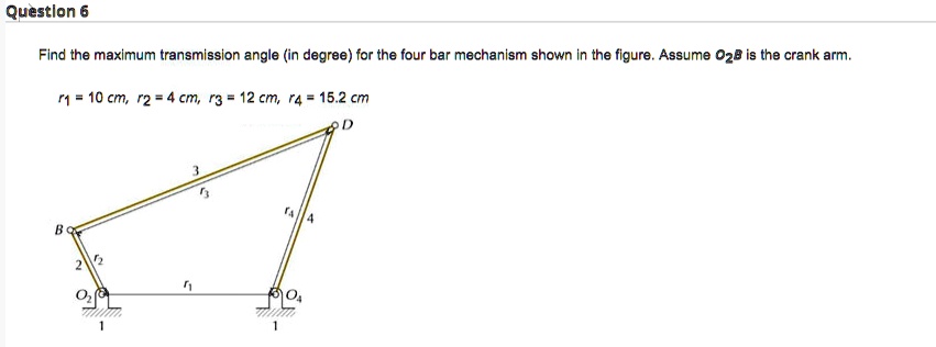 SOLVED: Find the maximum transmission angle (in degrees) for the four-bar mechanism shown in the ...