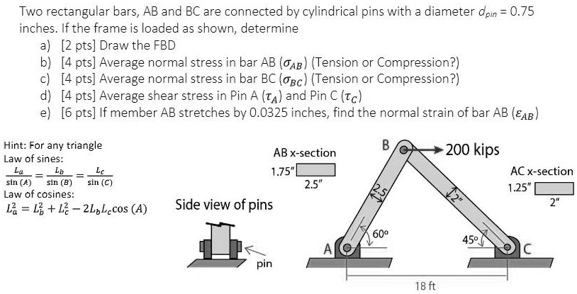 two rectangular bars ab and bc are connected by cylindrical pins with ...