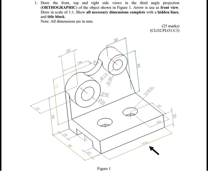SOLVED: Please help me to draw this orthographic drawing. Need help ASAP. Draw front, top, and ...