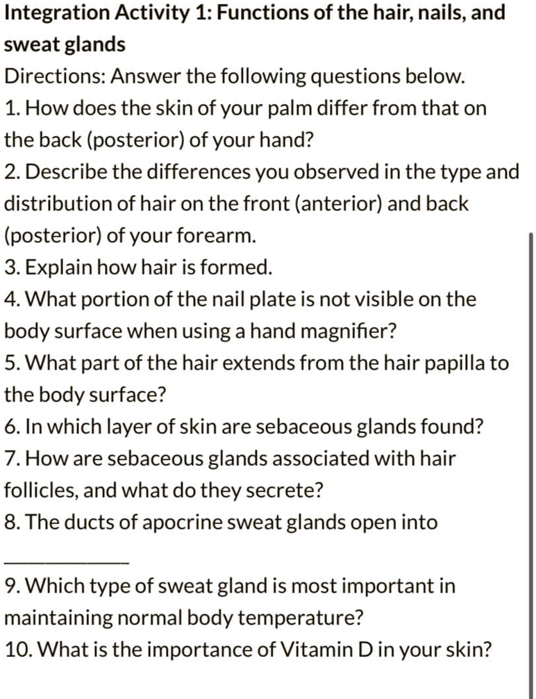 Integration Activity 1: Functions of the hair, nails, and sweat glands ...
