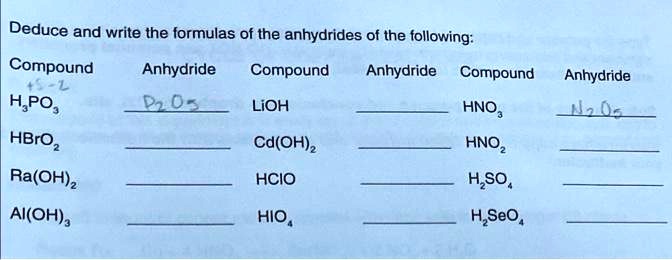Deduce and write the formulas of the anhydrides of the following ...