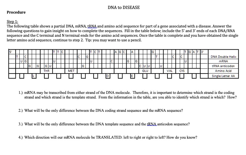SOLVED: DNA to DISEASE Procedure Stepk The following table shows ...