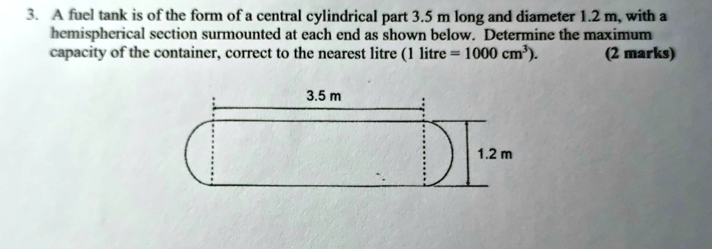 SOLVED: A fucl tank is of the form of a central cylindrical part 3.5 m long and diameter .2 m ...