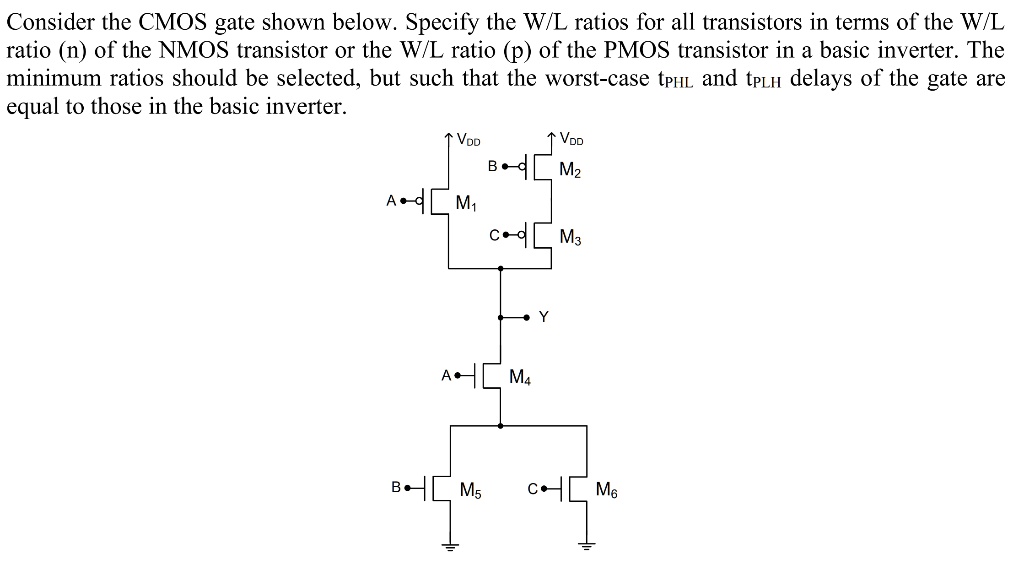 SOLVED: Consider the CMOS gate shown below. Specify the W/L ratios for ...