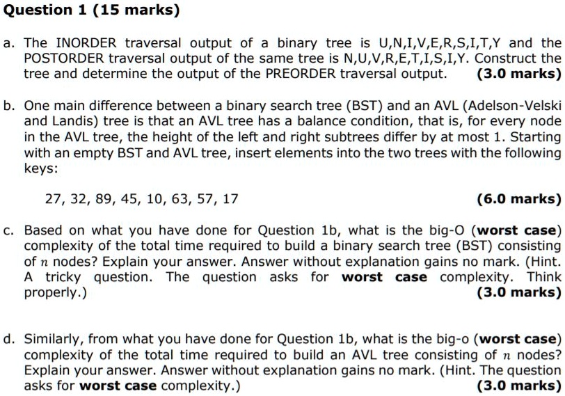 SOLVED: Question 1(15 marks) a. The INORDER traversal output of a binary tree is U,N,I,V,E,R,S,I ...