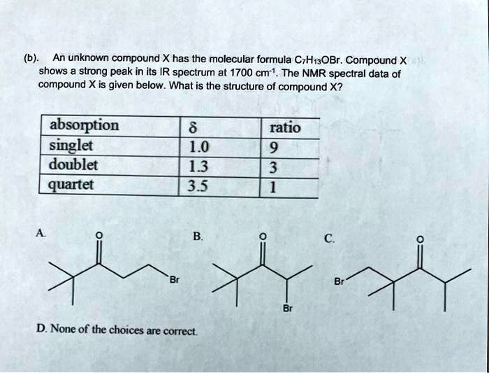 SOLVED: (b). An unknown compound X has the molecular formula CH3OBr. Compound X shows a strong ...
