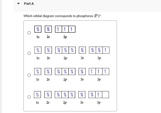 SOLVED: ' Pant A Which orbital diagram corresponds to phosphorus (Py?' SOLVED: ' Pant A Which orbital diagram corresponds to phosphorus (Py?'