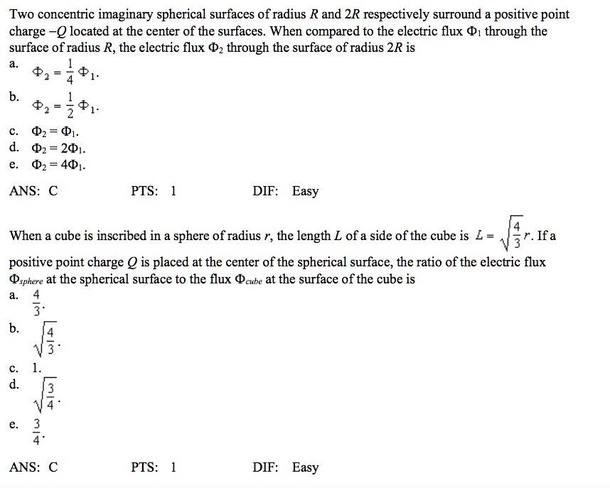 two concentric imaginary spherical surfaces of radius r and 2r ...