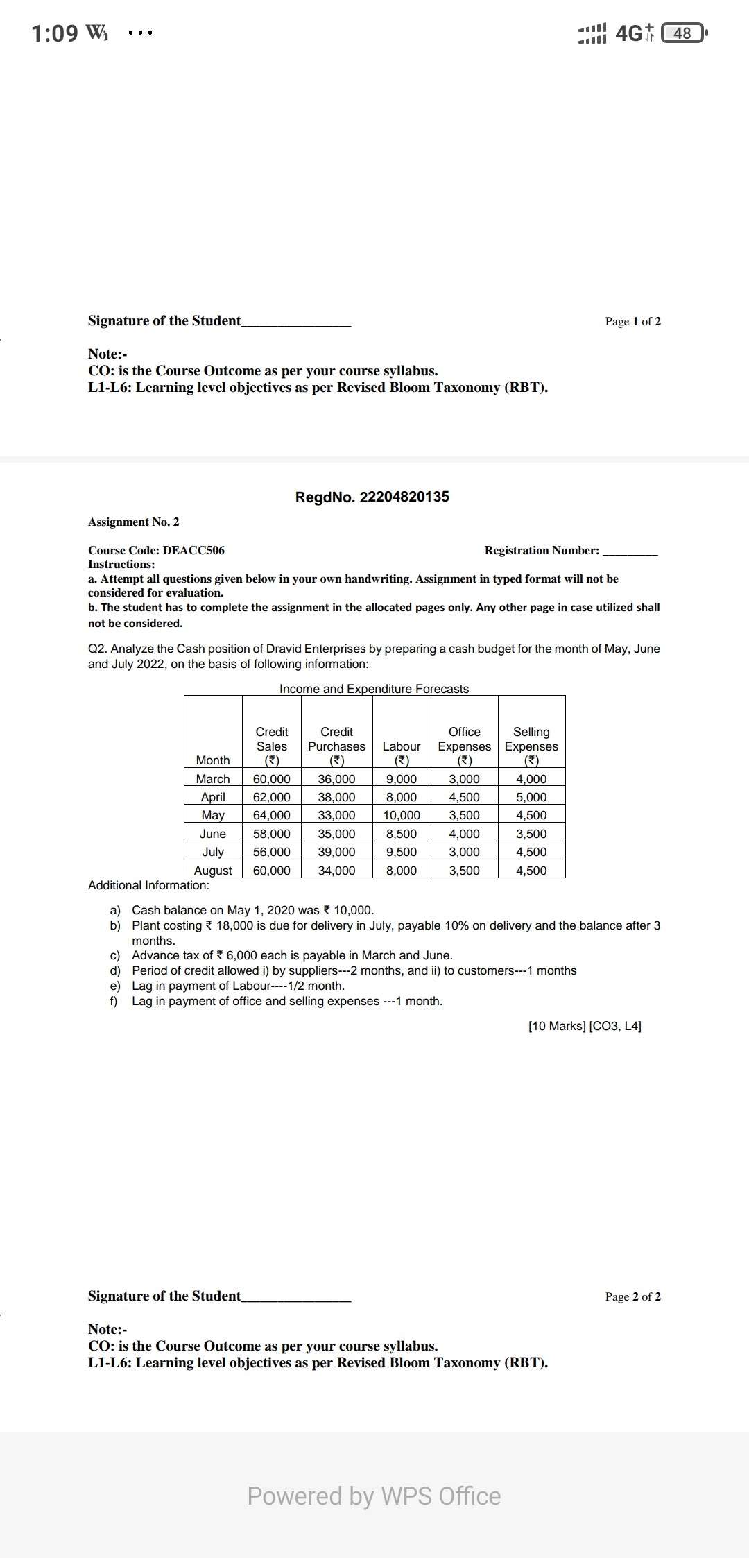 SOLVED: 1: 09 Wi … ailili 4 𝐆^+ 48 Signature of the Student Page 1 of 2 Note:- CO: is the Course ...