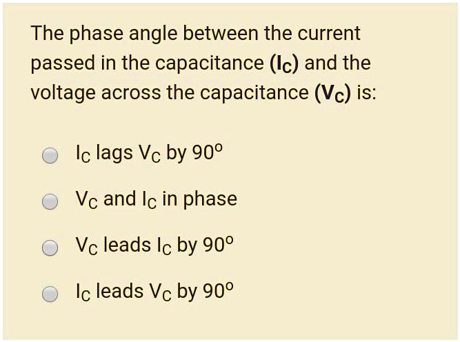 SOLVED:The phase angle between the current passed in the capacitance ...