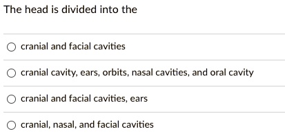 The head is divided into the cranial and facial cavities cranial cavity, ears, orbits, nasal ...