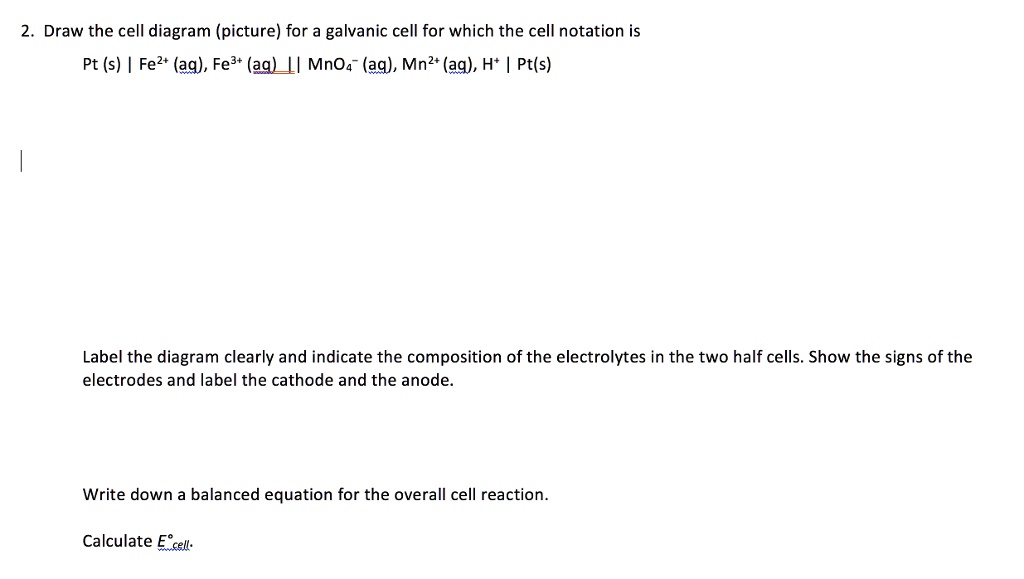 SOLVED: Draw the cell diagram (picture) for a galvanic cell for which the cell notation is Pt (s ...