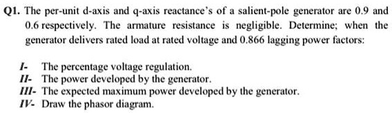 SOLVED: Q1.The per-unit d-axis and q-axis reactance's of a salient-pole generator are 0.9 and 0. ...