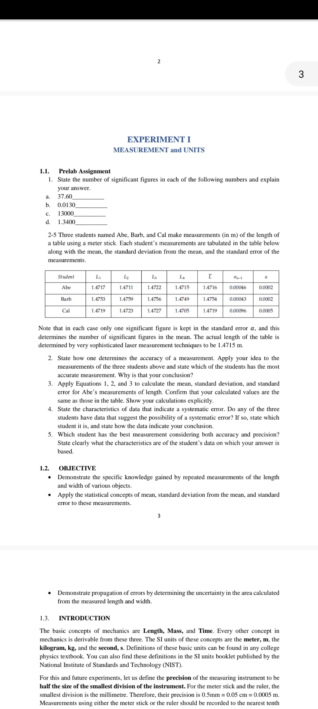 SOLVED: 2 3 EXPERIMENT I MEASUREMENT and UNITS 1.1. Prelab Assignment 1 ...