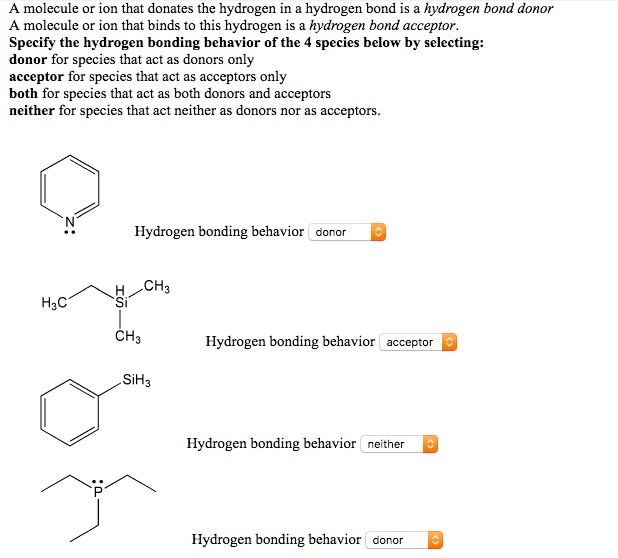 SOLVED: Molecule or ion that donates the hydrogen in a hydrogen bond is ...