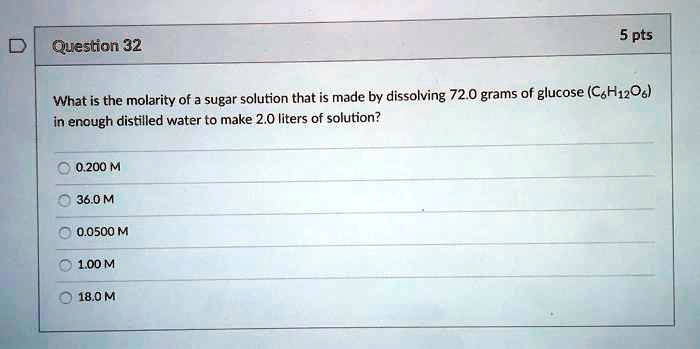 SOLVED: What is the molarity of a sugar solution that is made by ...