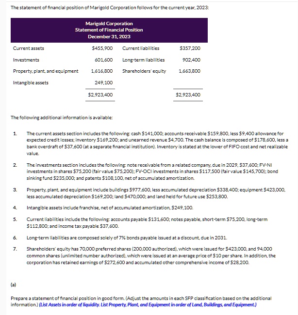 the statement of financial position of marigold corporation follows for ...
