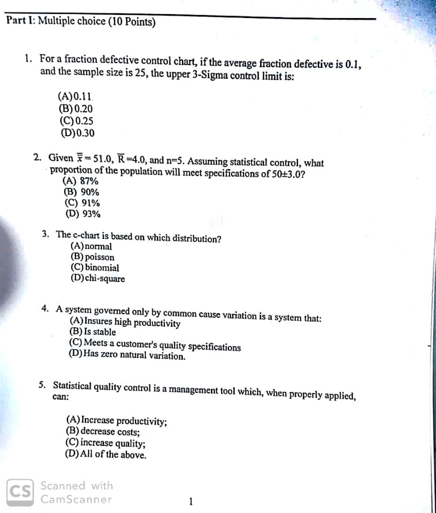 Part I: Multiple choice (10 Points) 1. For a fraction defective control ...