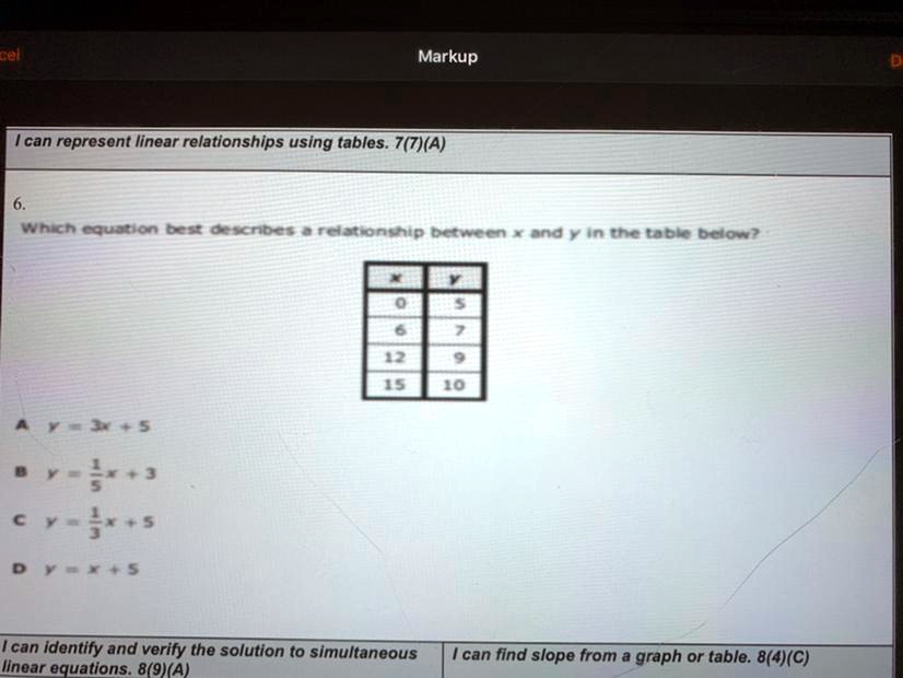 I can represent linear relationships using tables. 7(7)(A) 6. Which ...