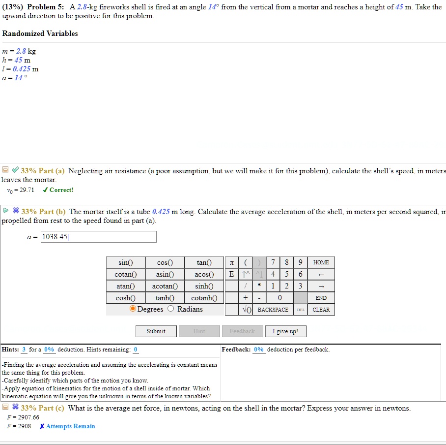 SOLVED: (13%) Problem 5: A 2.8-kg fireworks shell is fired at an angle ...