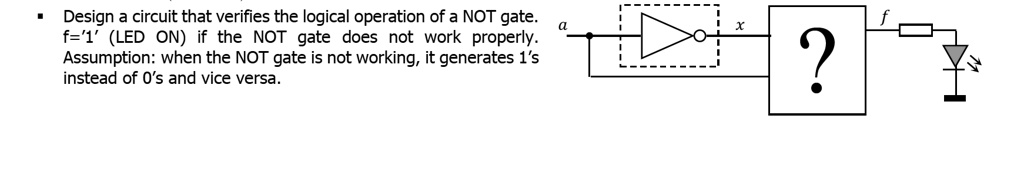 SOLVED: Design a circuit that verifies the logical operation of a NOT gate. f = '1' (LED ON if ...