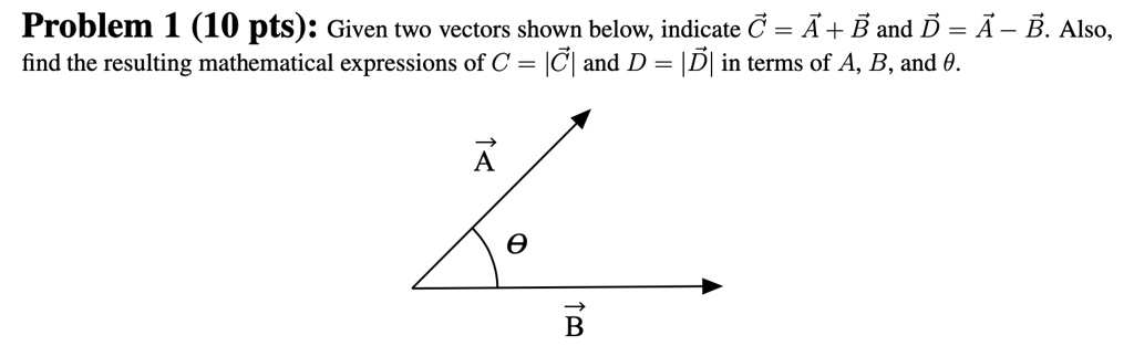 SOLVED: Problem 1 (10 pts): Given two vectors shown below, indicate C = A + B and D = A – B ...