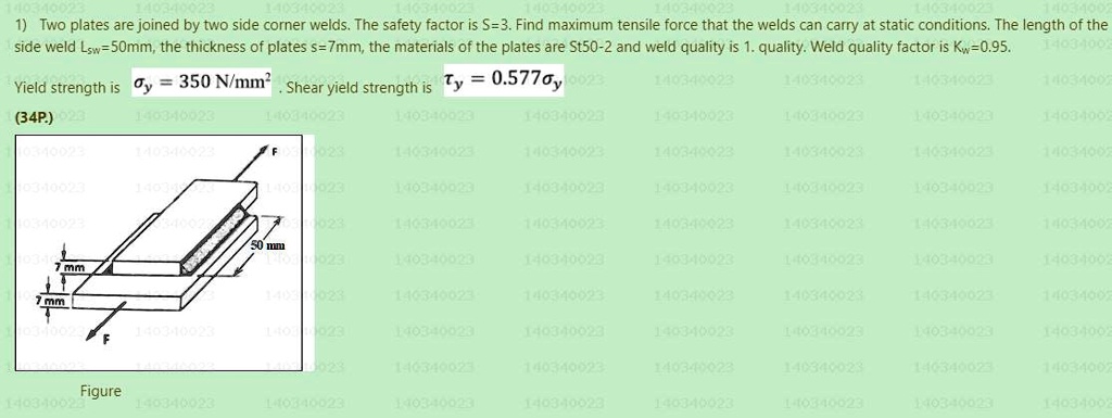 1) Two plates are joined by two side corner welds. The safety factor is ...