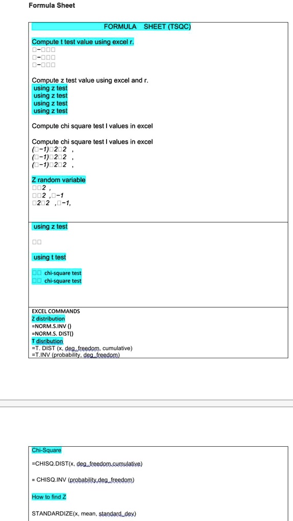SOLVED: Formula Sheet FORMULA SHEET (TSQC) Compute test value using ...
