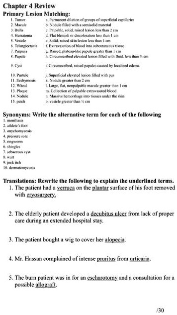 Chapter 4 Review Primary Lesion Matching: 1. Tumer a. Permanent ...