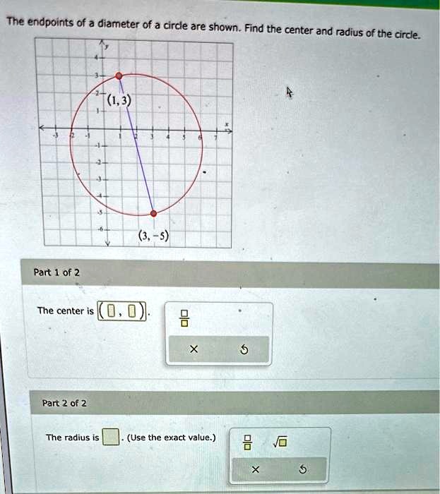 SOLVED: The endpoints of a diameter of a circle are shown. Find the center and radius of the ...
