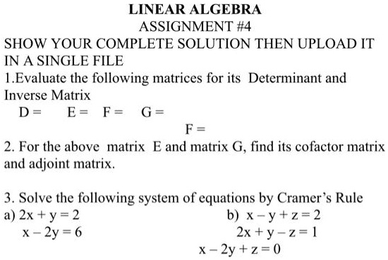 SOLVED: LINEAR ALGEBRA ASSIGNMENT #4 SHOW YOUR COMPLETE SOLUTION THEN ...