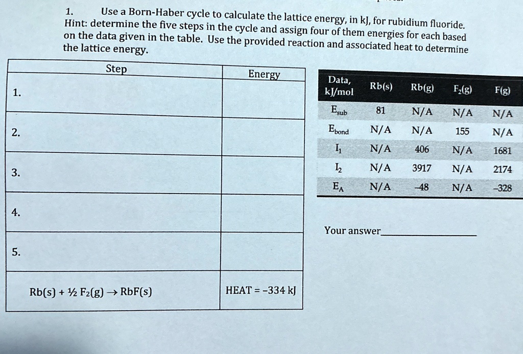 1 use a born haber cycle to calculate the lattice energy in kj for ...