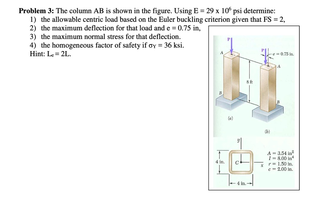 Problem 3: The column AB is shown in the figure. Using E = 29 x 10^6 psi determine: 1) the ...