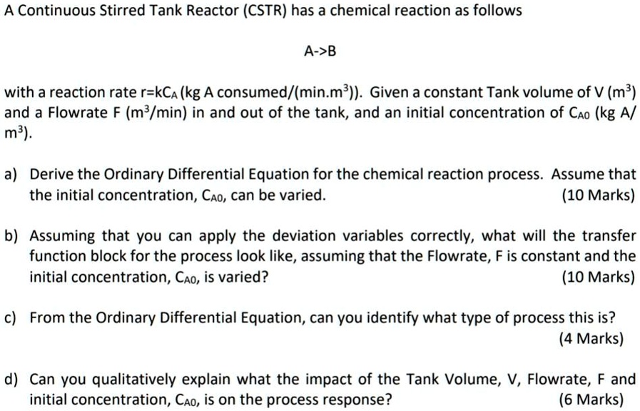 A Continuous Stirred Tank Reactor (CSTR) has a chemical reaction as ...