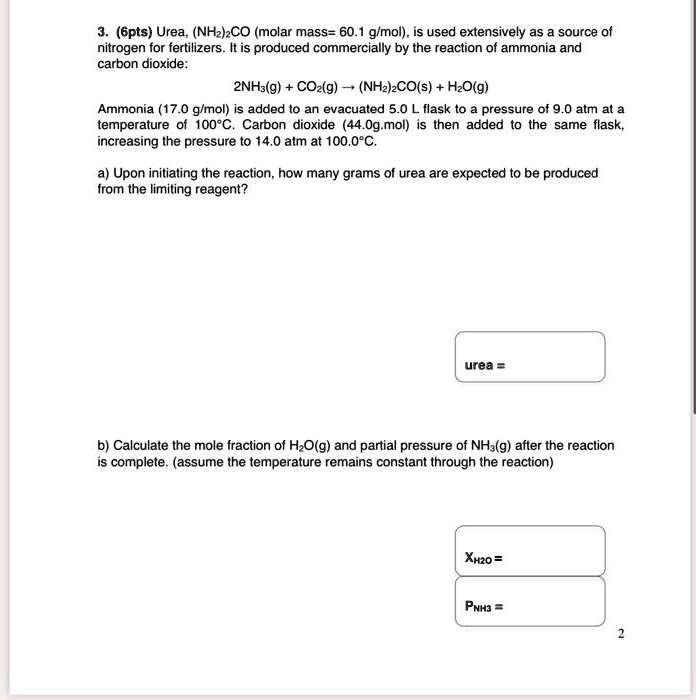 SOLVED: 3. (Gpts) Urea, (NH2CO) (molar mass= 60.1 g/mol) used ...