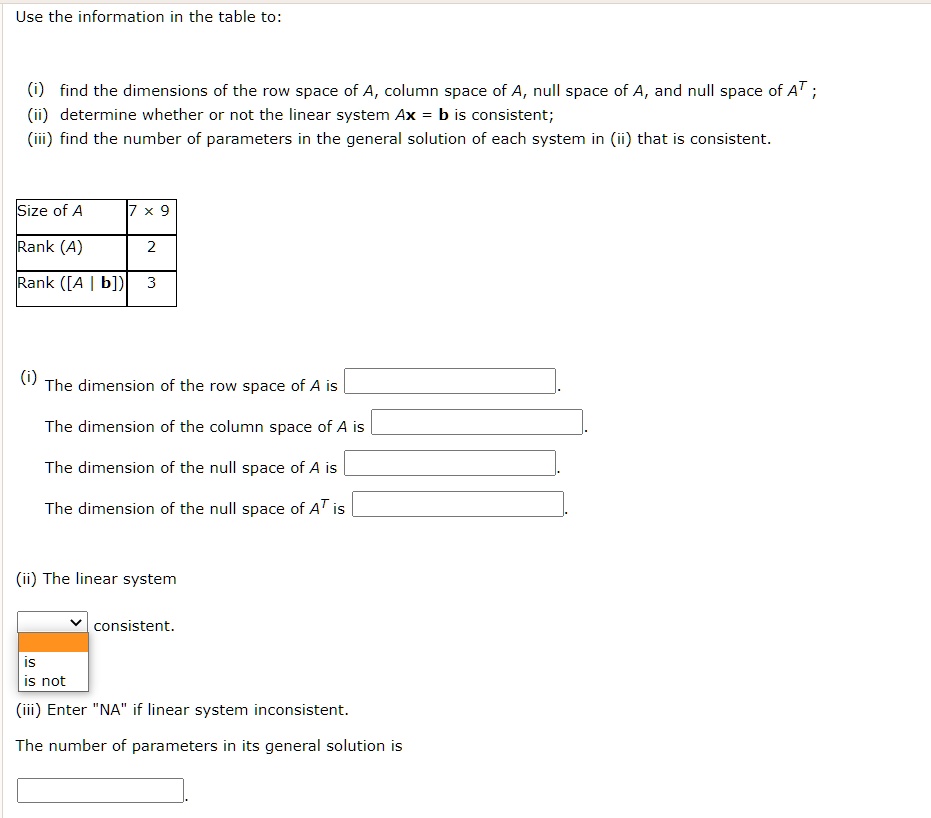 SOLVED:Use the information in the table to: find the dimensions of the row space of A, column ...