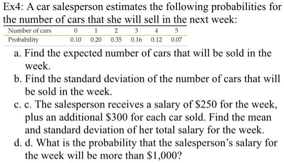 SOLVED: Ex4: A car salesperson estimates the following probabilities ...