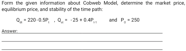 Form the given information about Cobweb Model, determine the market ...