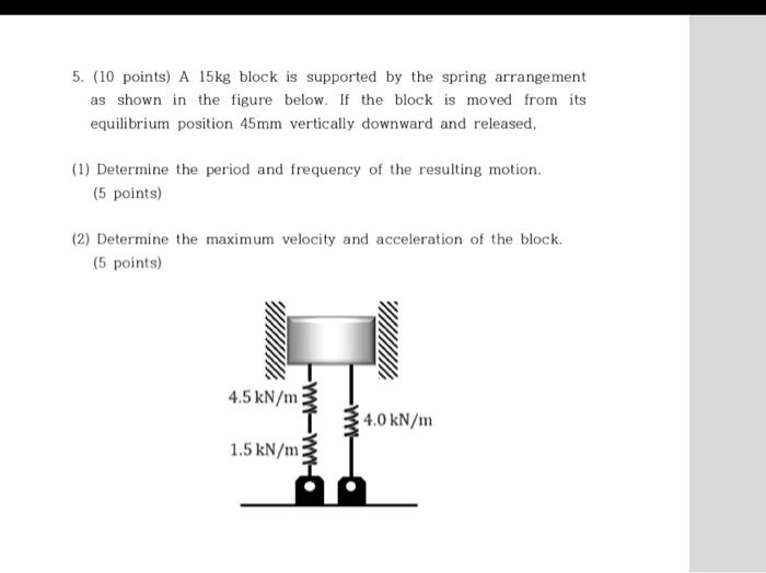 5. (10 points) A 15kg block is supported by the spring arrangement as ...