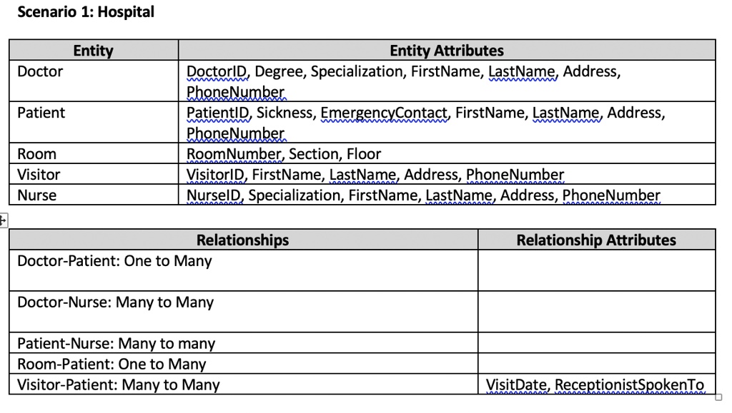 Scenario 1: Hospital Entity Doctor Patient Room Visitor Nurse Entity ...