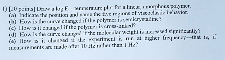 SOLVED: 1) [20 points] Draw a log E temperature plot for a linear, amorphous polymer: Indicate ...