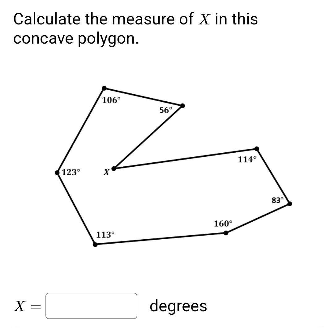 Calculate the measure of X in this concave polygon. X= degrees