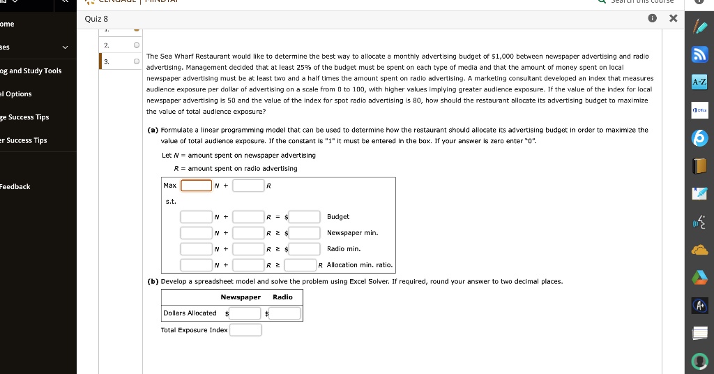 SOLVED: Quiz 8 The Sea Wharf Restaurant would like to determine the ...