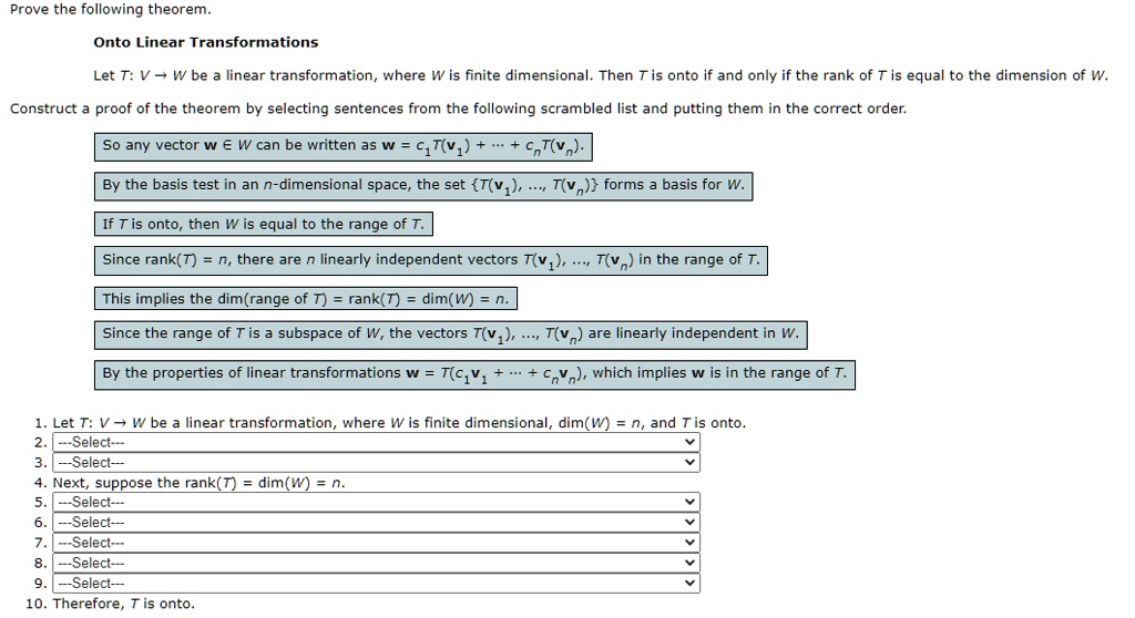 SOLVED: Linear Algebra: Please use the sentences below and place them in the correct order ...