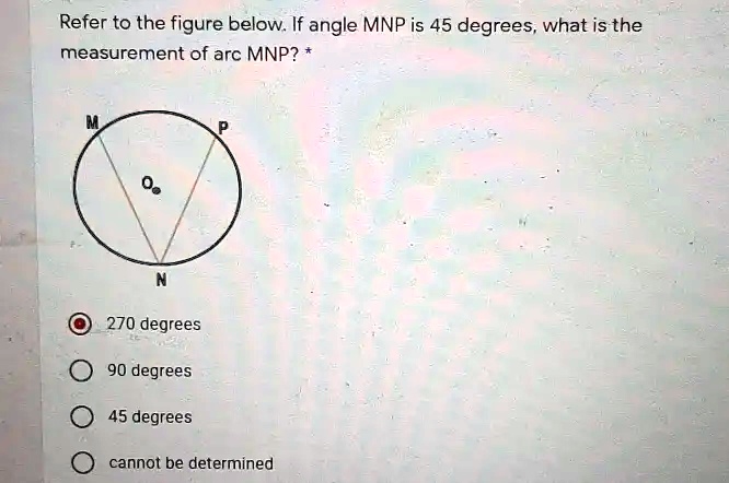SOLVED: Refer to the figure below: If angle MNP is 45 degrees, what is the measurement of arc ...