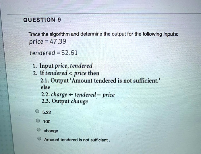 Solved Question 9 Trace The Algorithm And Determine The Output For The Following Inputs Price 6143