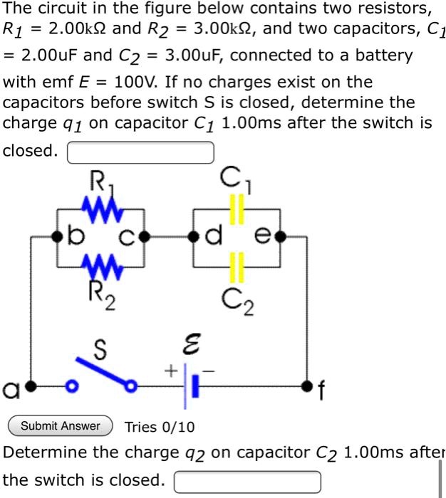the circuit in the figure below contains two resistors r1 200ks and r2 300kq and two capacitors ...