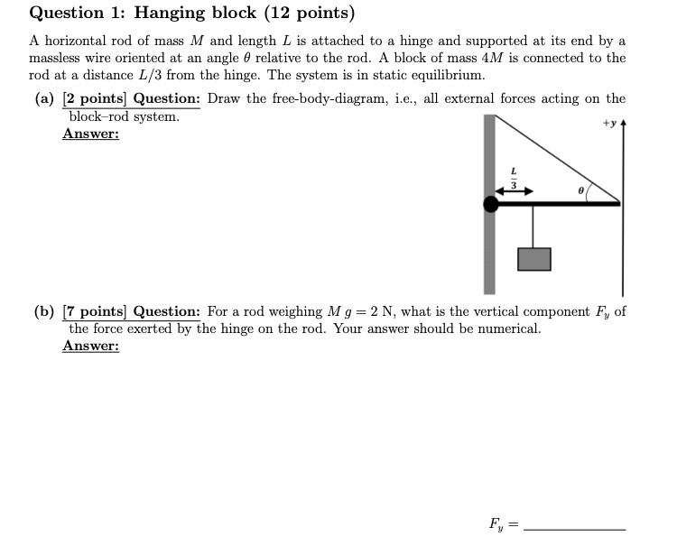Question 1: Hanging block (12 points) A horizontal rod of mass M and ...