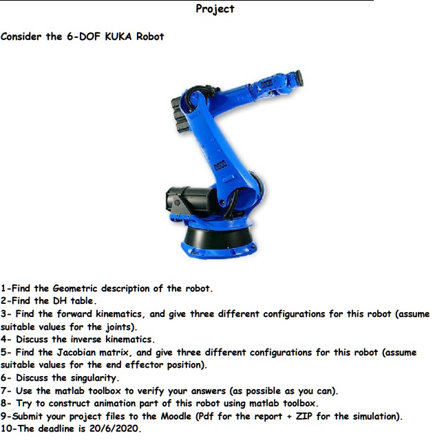 Project Consider the 6-DOF KUKA Robot 1-Find the Geometric description of the robot. 2-Find the ...